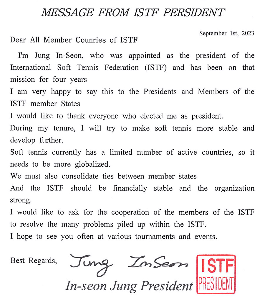 President Greetings – International Soft Tennis Federation