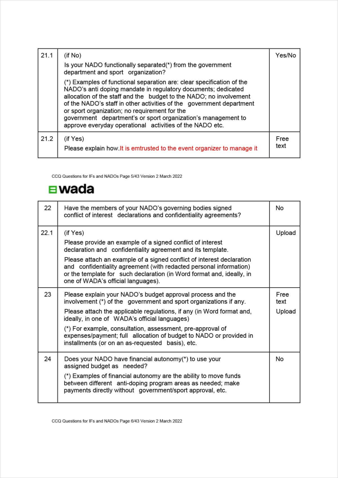 Code Compliance Questionnaire (CCQ) – Questions for IFs and NADOs ...