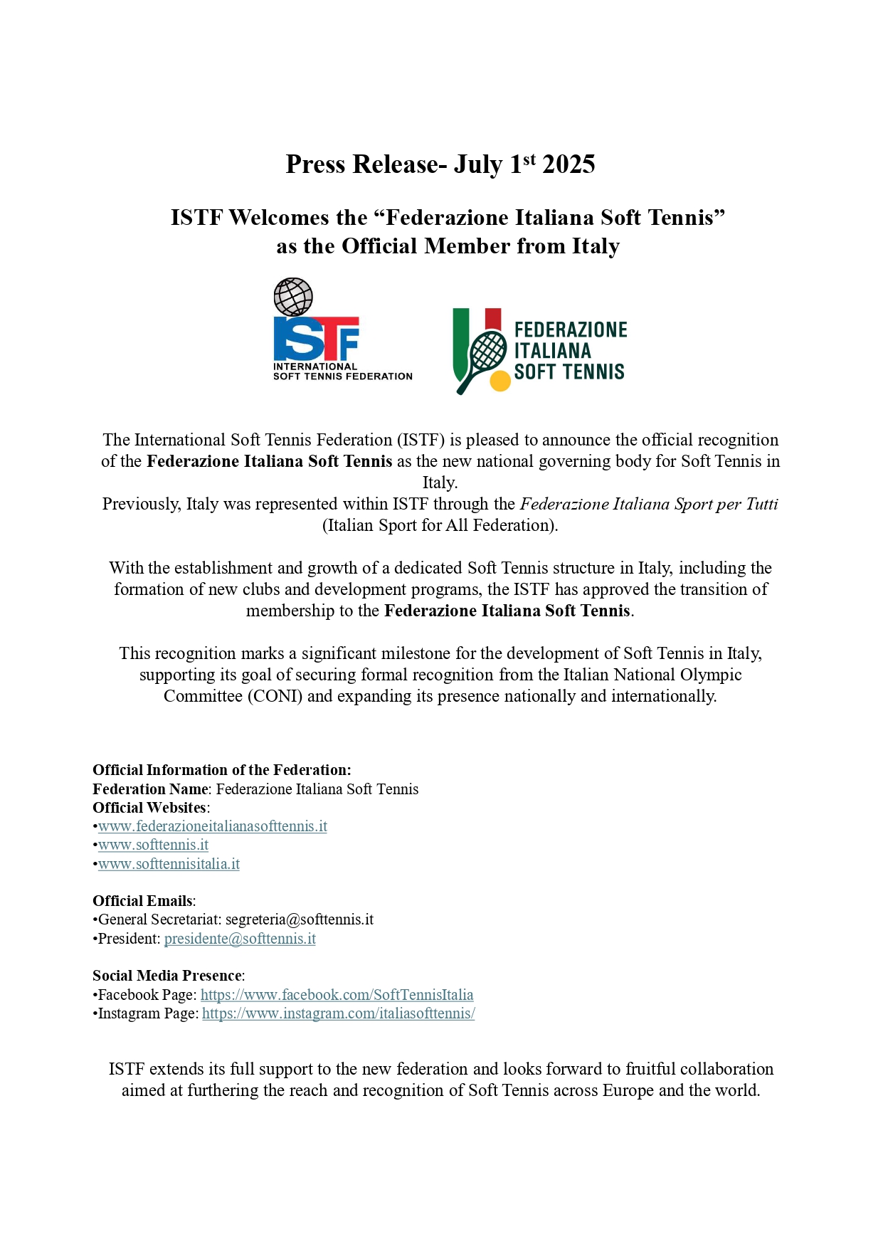 ISTF Welcomes the “Federazione Italiana Soft Tennis” as the Official ...